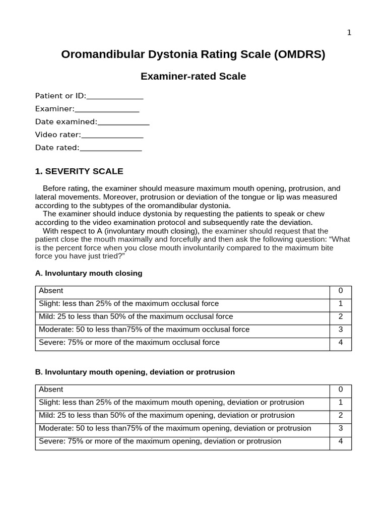 Oromandibular Dystonia Assessment Scale | PDF | Nervous System ...