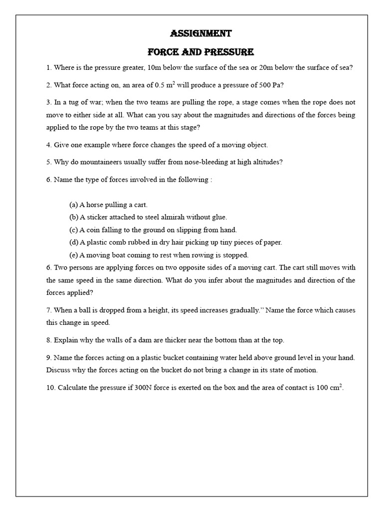 Force and Pressure Assignment Questions | PDF