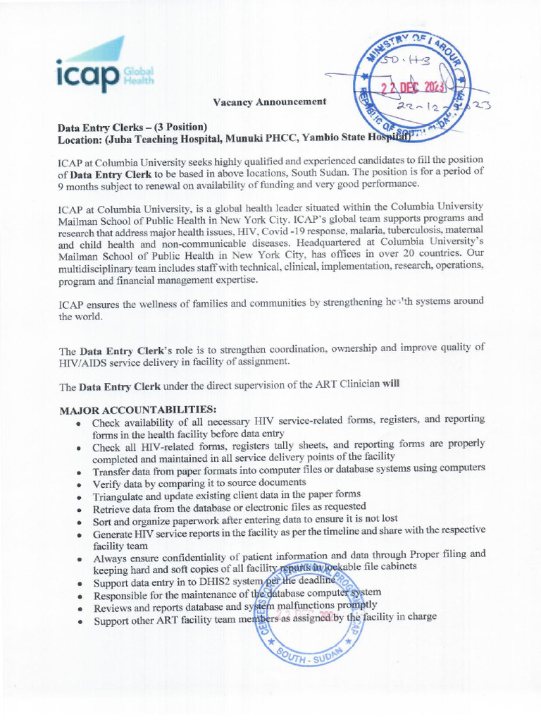 Advert-Data Entry Clerks-Juba, Munuki, Yambio | PDF