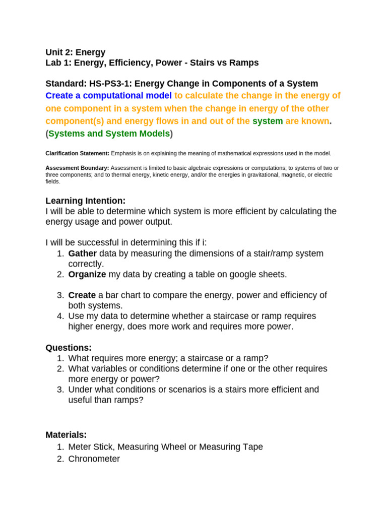 Unit 2 Lab 1 - Energy, Power, Efficiency - Stairs Vs Ramp | PDF