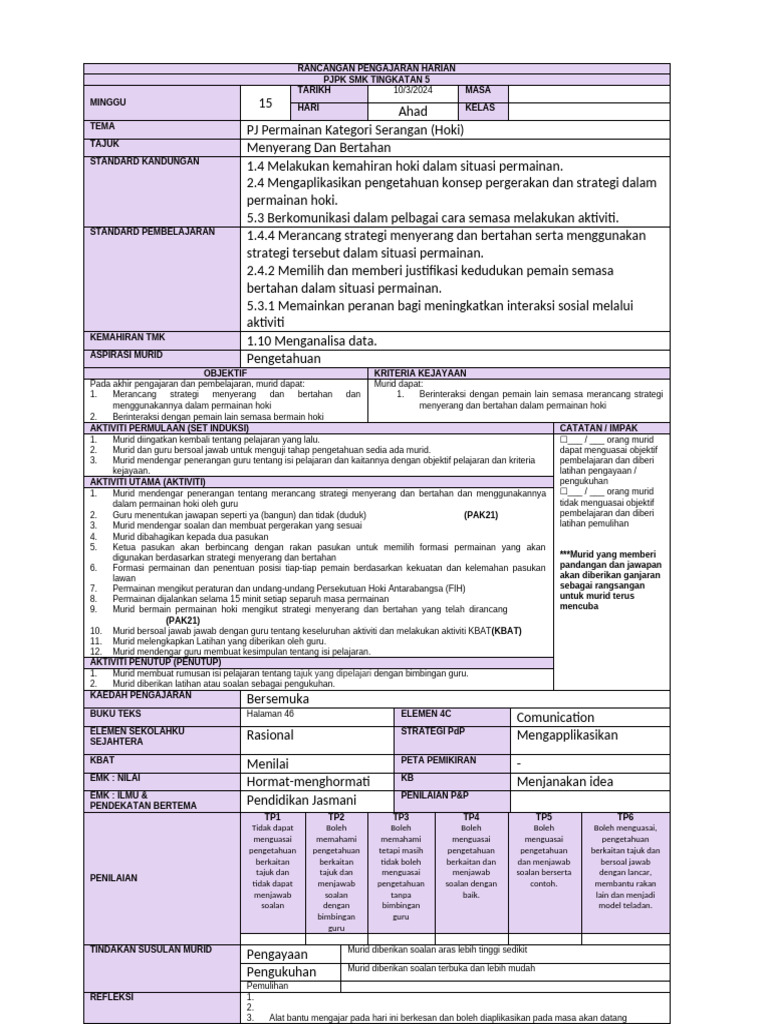 RPH SMK Minggu 15 PJPK Tingkatan 5 | PDF