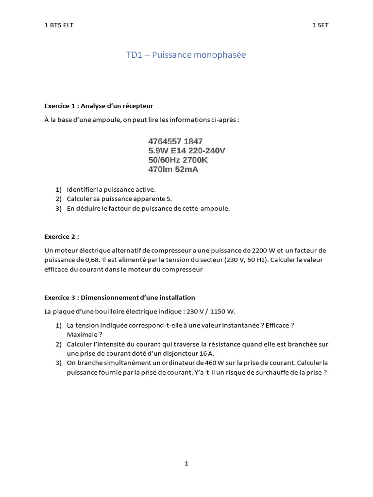 11_TD1_Puissance monophasée | PDF
