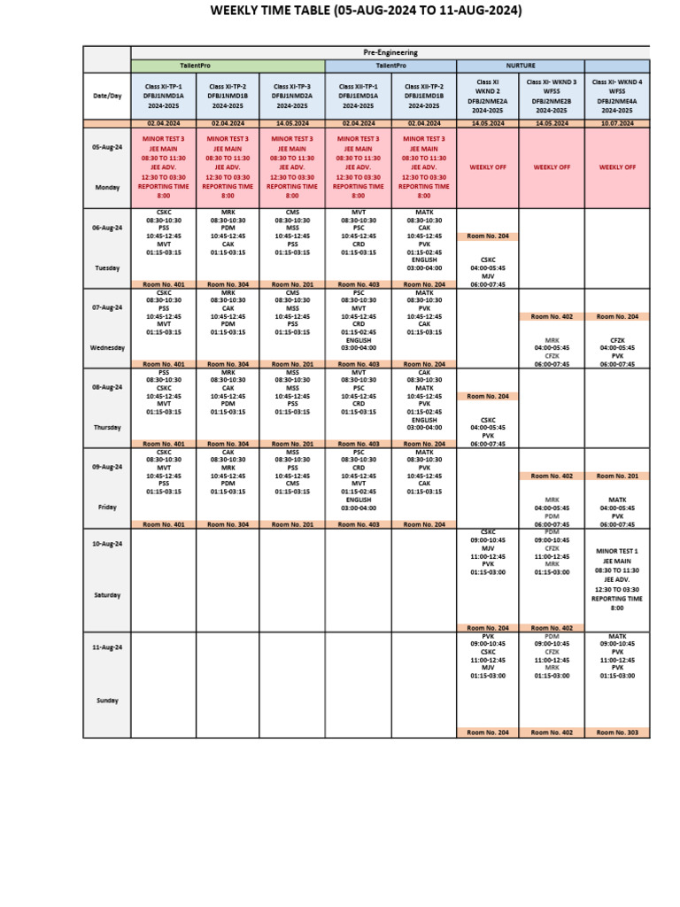 Iit-Jee Time Table 05 Aug - 11 Aug | PDF