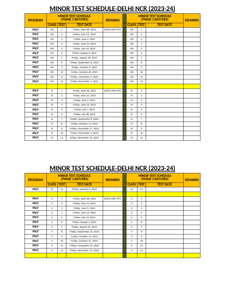 Minor Test Schedule-Delhi NCR (2023-24) | PDF