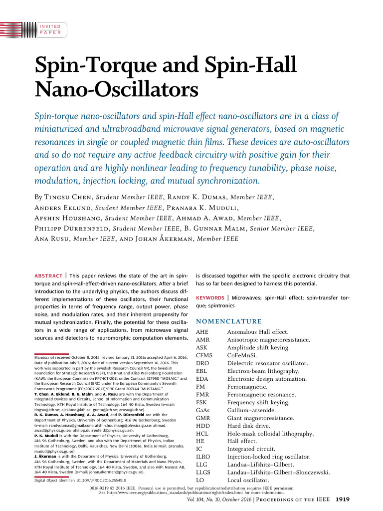 Spin Torque and Spin Hall Nano Oscillators | PDF