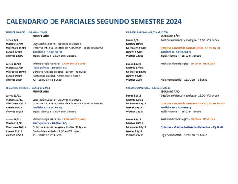 Calendario de Parciales Segundo Semestre 2024 | PDF
