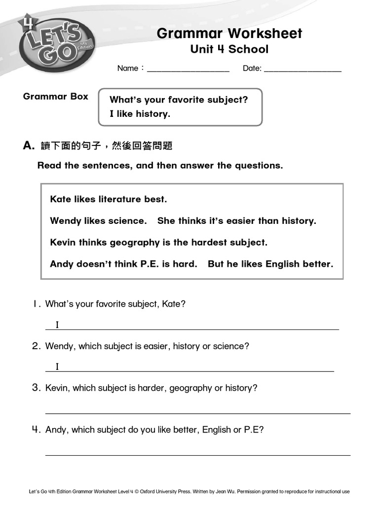 Letsgo 4 Egrammarworksheetlevel 4 Unit 4 | PDF