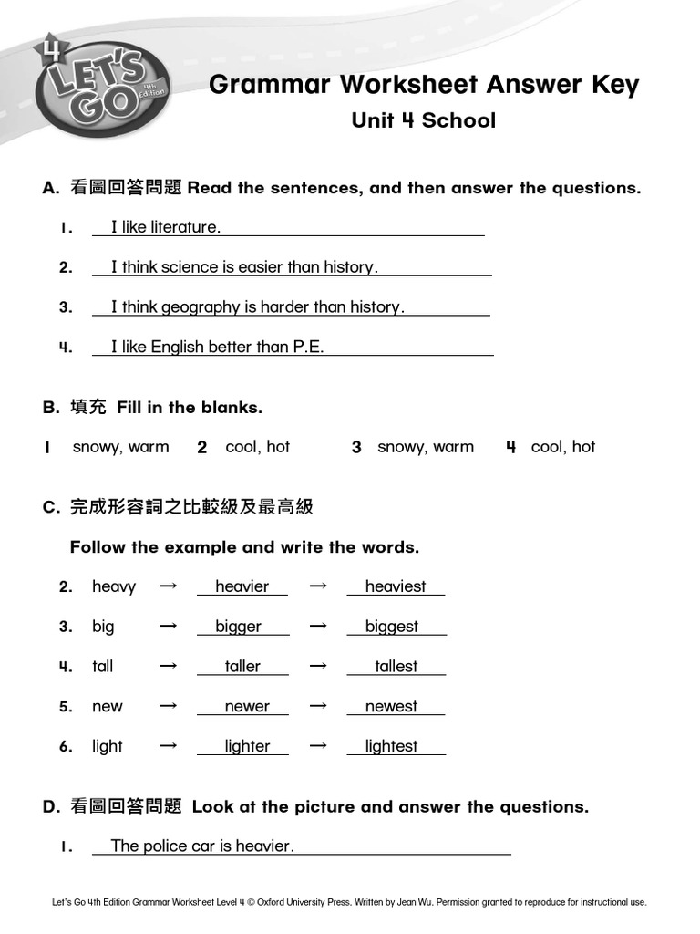 Letsgo 4 Egrammarworksheetlevel 4 Unit 4 Answerkey | PDF