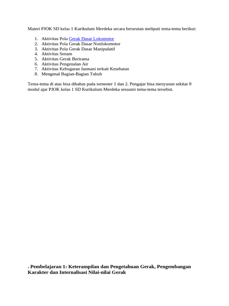 Materi PJOK SD Kelas 1 Kurikulum Merdeka Secara Berurutan Meliputi Tema | PDF