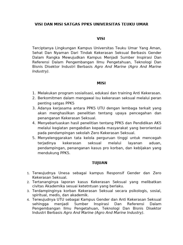Visi Dan Misi Satgas PPKS Universitas Teuku Umar | PDF