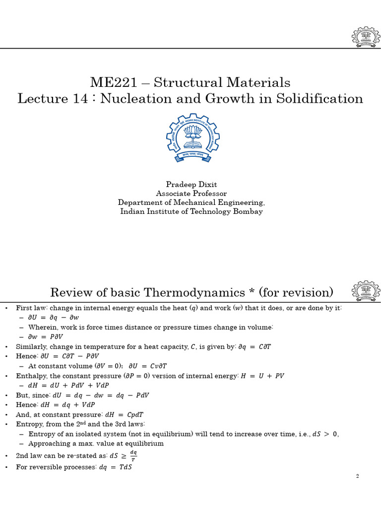 ME221 - Lecture 14 - Solidification - Nucleation and Growth | PDF