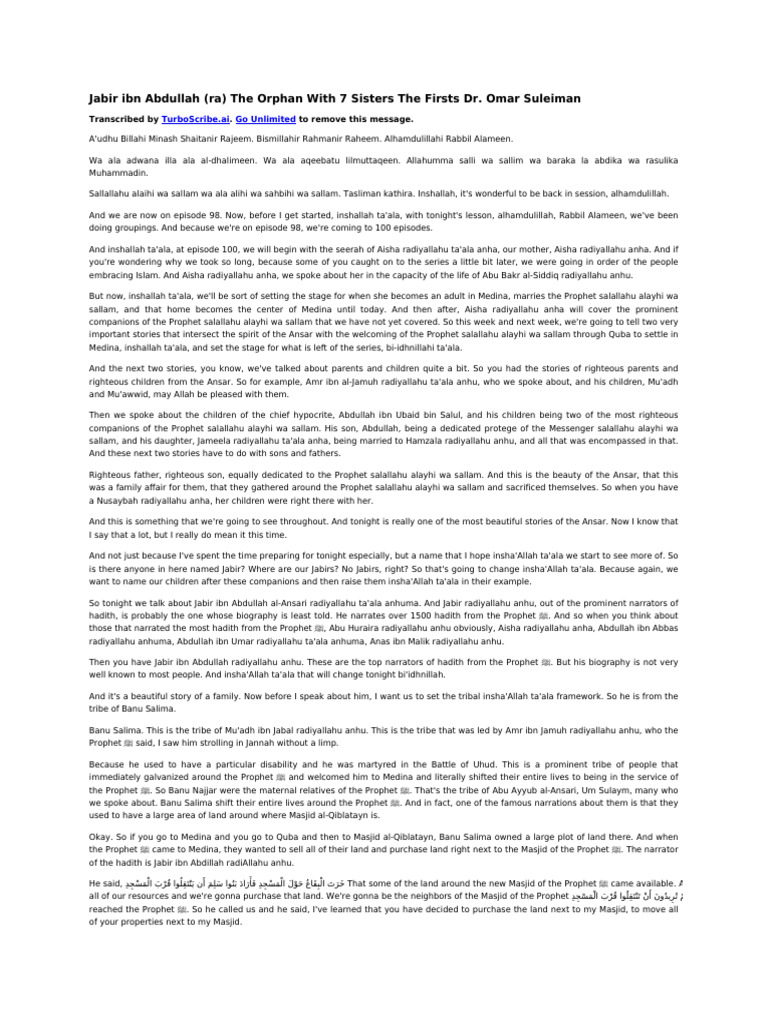 Jabir Ibn Abdullah (Ra) The Orphan With 7 Sisters The Firsts Dr. Omar ...