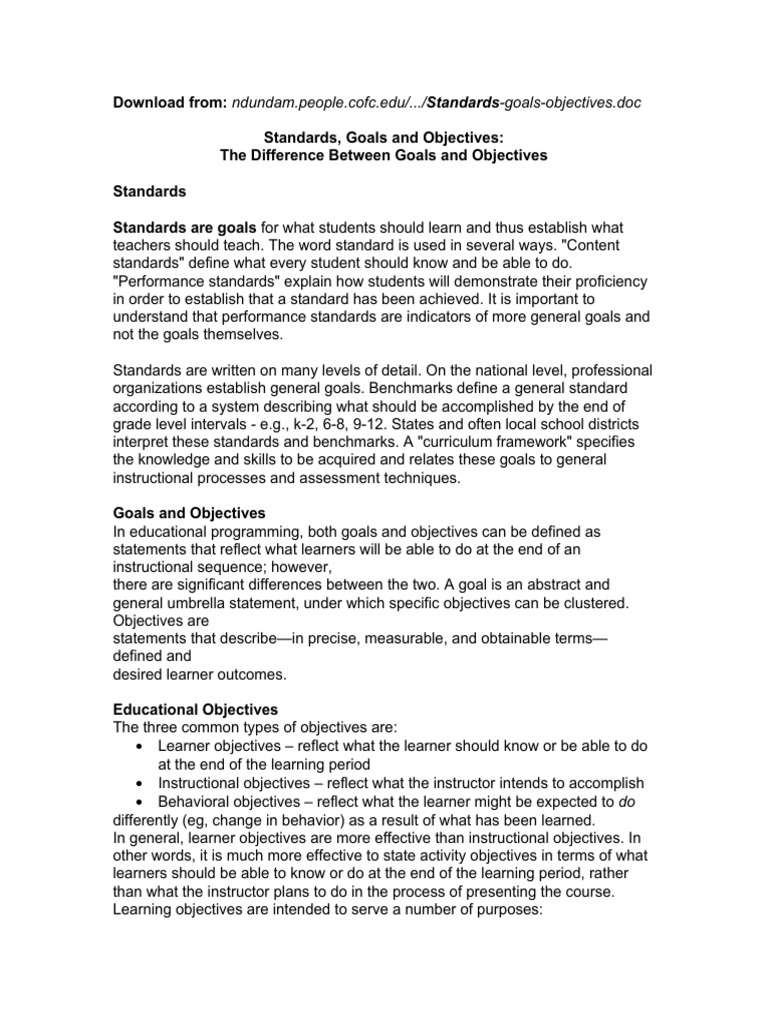 From: Standards, Goals and Objectives: The Difference Between Goals and ...