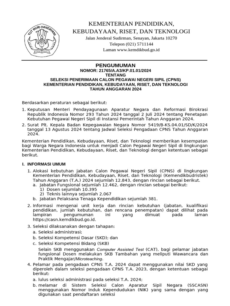 Seleksi Penerimaan CPNS Kemdikbudristek TA 2024 | PDF