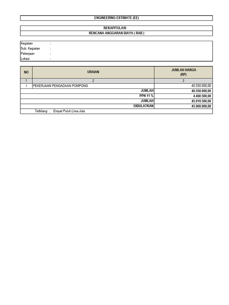Kegiatan: Sub. Kegiatan: Pekerjaan: Lokasi:: Engineering Estimate (Ee) Rekapitulasi | PDF