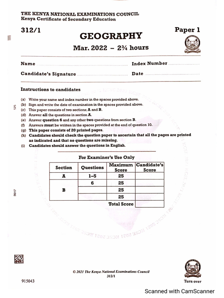 KNEC KCSE 2021 Geography Paper 1 | PDF