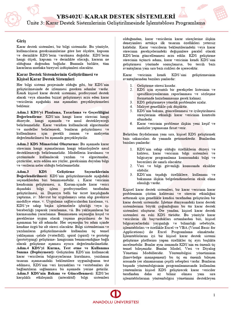 Ybs402U-Karar Destek S Stemler: Ünite 3: Karar Destek Sistemlerinin Geli Tirilmesinde Lemtablosu ...
