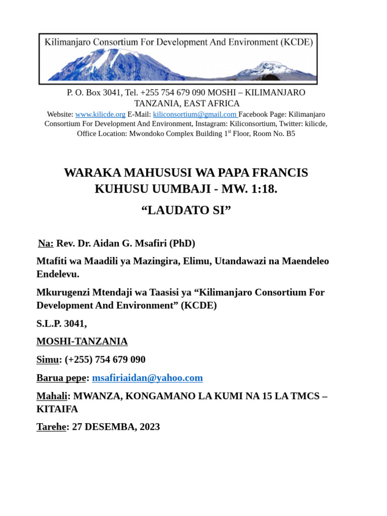 Waraka Mahususi Wa Papa Francis Kuhusu Uumbaji - Laudato Si Mwanza 27 ...