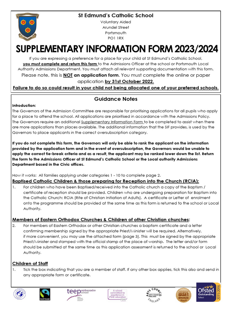 ST Edmunds Catholic School Supplementary Information Form 2023 - 24 | PDF