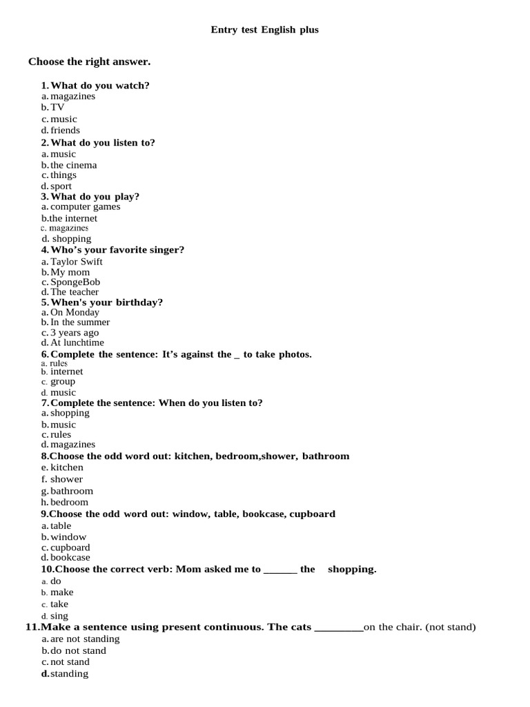 7 Grade English Plus Entry Test | PDF