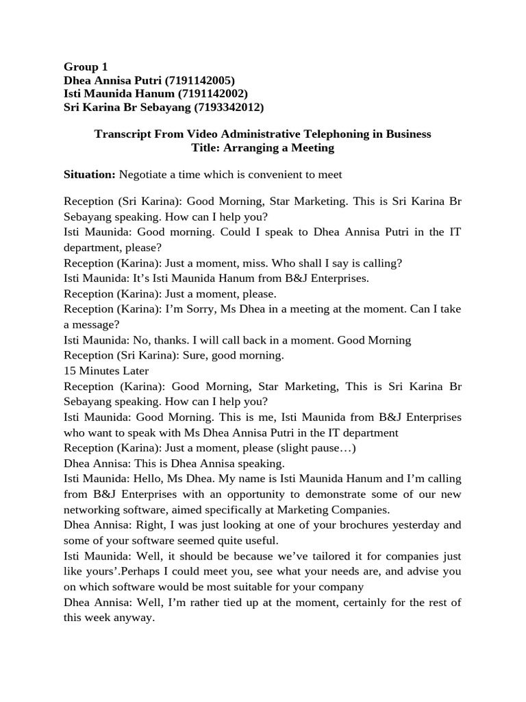 Group 1 - Transcript From Video Administrative Telephoning in Business ...