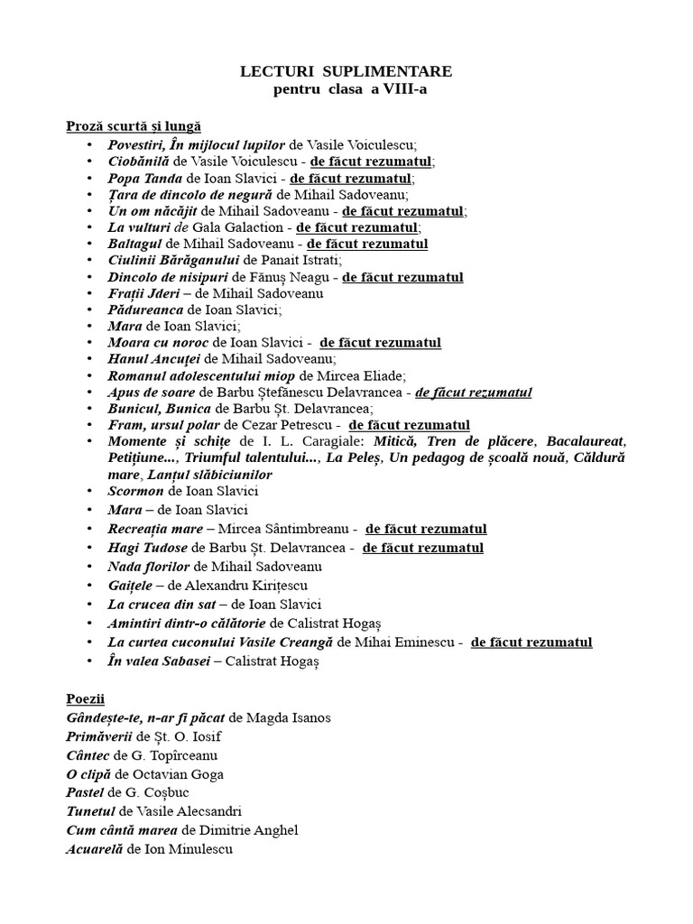 LECTURI SUPLIMENTARE - Clasa A VIII-a | PDF