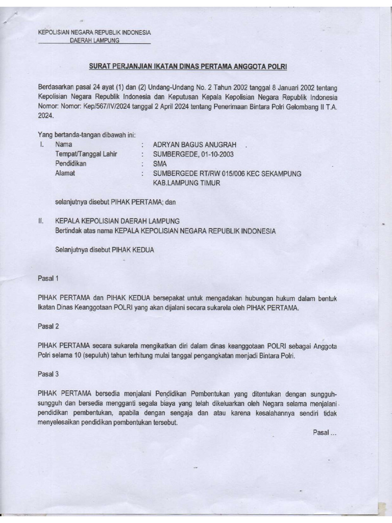 Adryan Surat Perjanjian Ikatan Dinas Pdf