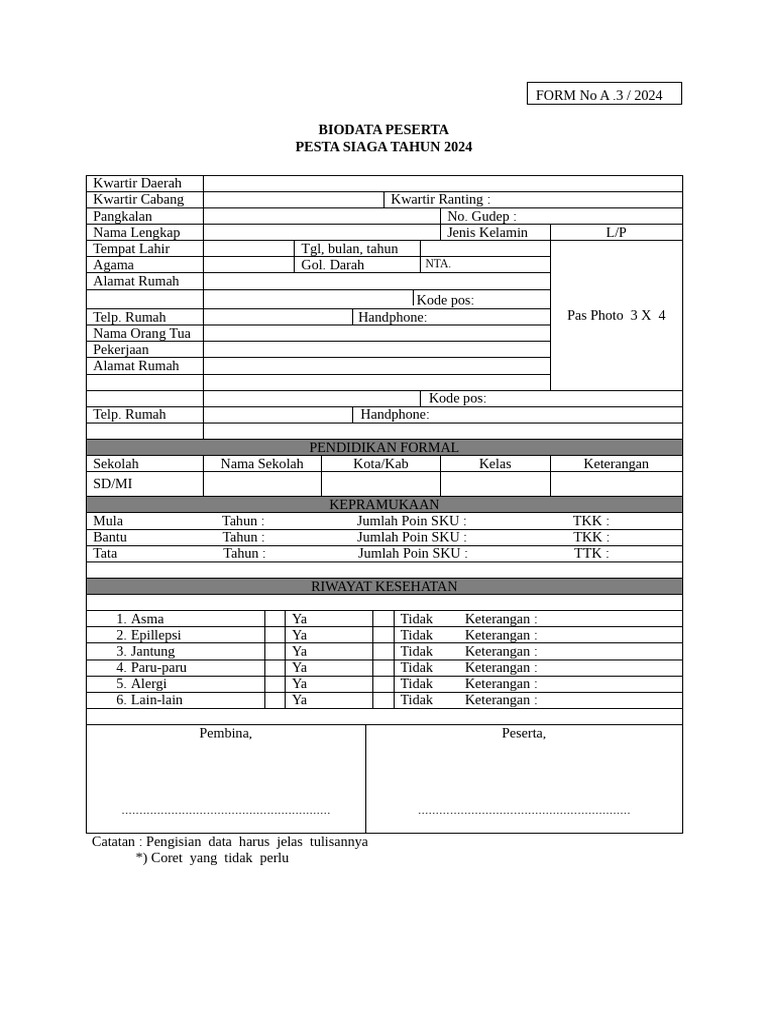 Form A.3 Biodata Peserta Pesta Siaga 2024 | PDF
