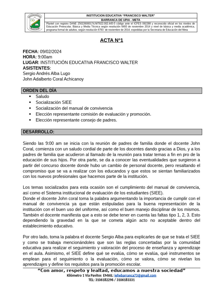 Acta N°1 Socializacion Siie y Manual de Convivencia Grado 702 | PDF