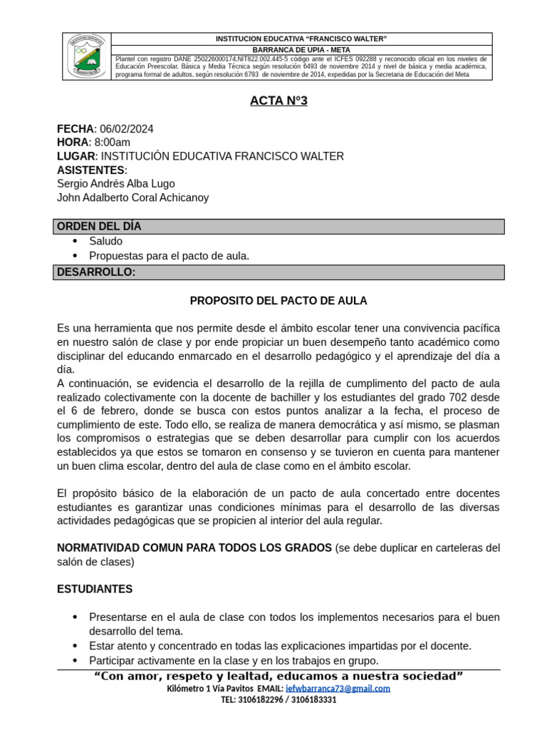 ACTA N°3 PACTO DE AULA GRADO 702 | PDF
