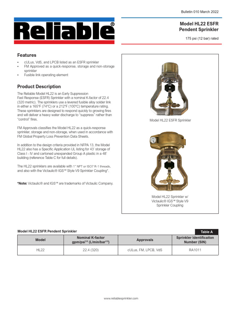 Rociador Fusible Esfr K 22.4 Penden HL-22 Esfr Ul FM | PDF