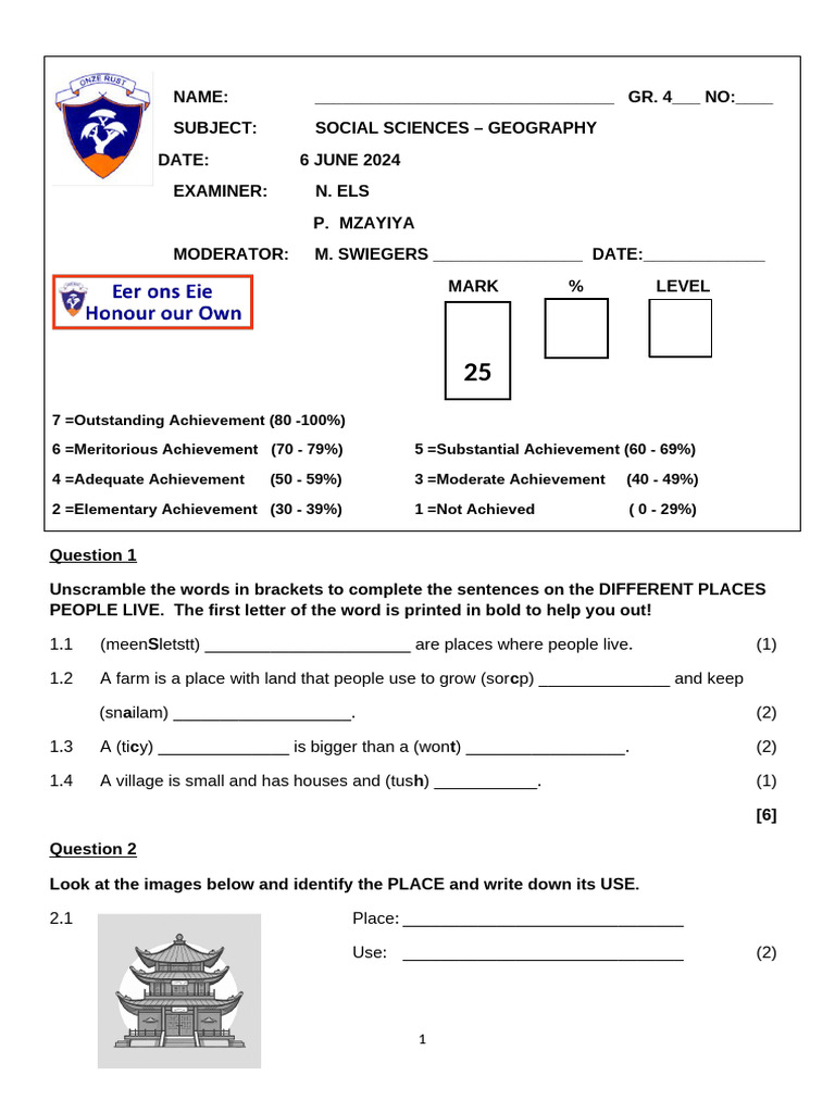 Grade 4 - Geography Test - Term 2 - 2024 | PDF