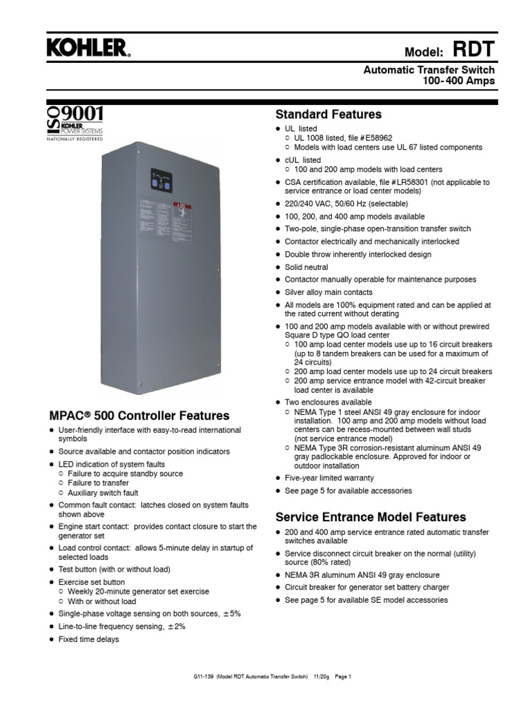 Kohler RDT ATS Datasheet | PDF | Switch | Mains Electricity