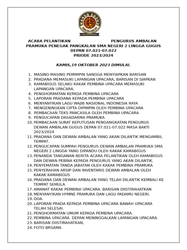 Draft Acara Pelantikan Ambalan 2023 | PDF