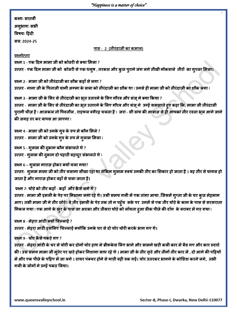 Class 7 - Hindi - CH-2 - Teerandazi Ka Kamal - Notes | PDF