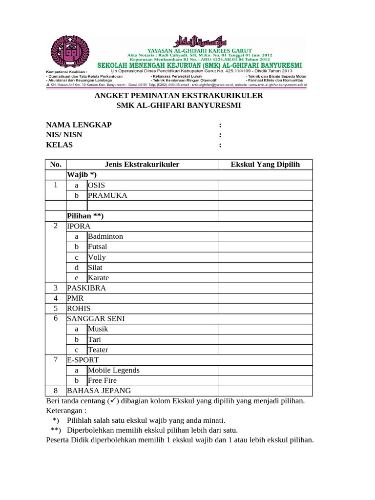 Angket Peminatan Ekskul | PDF