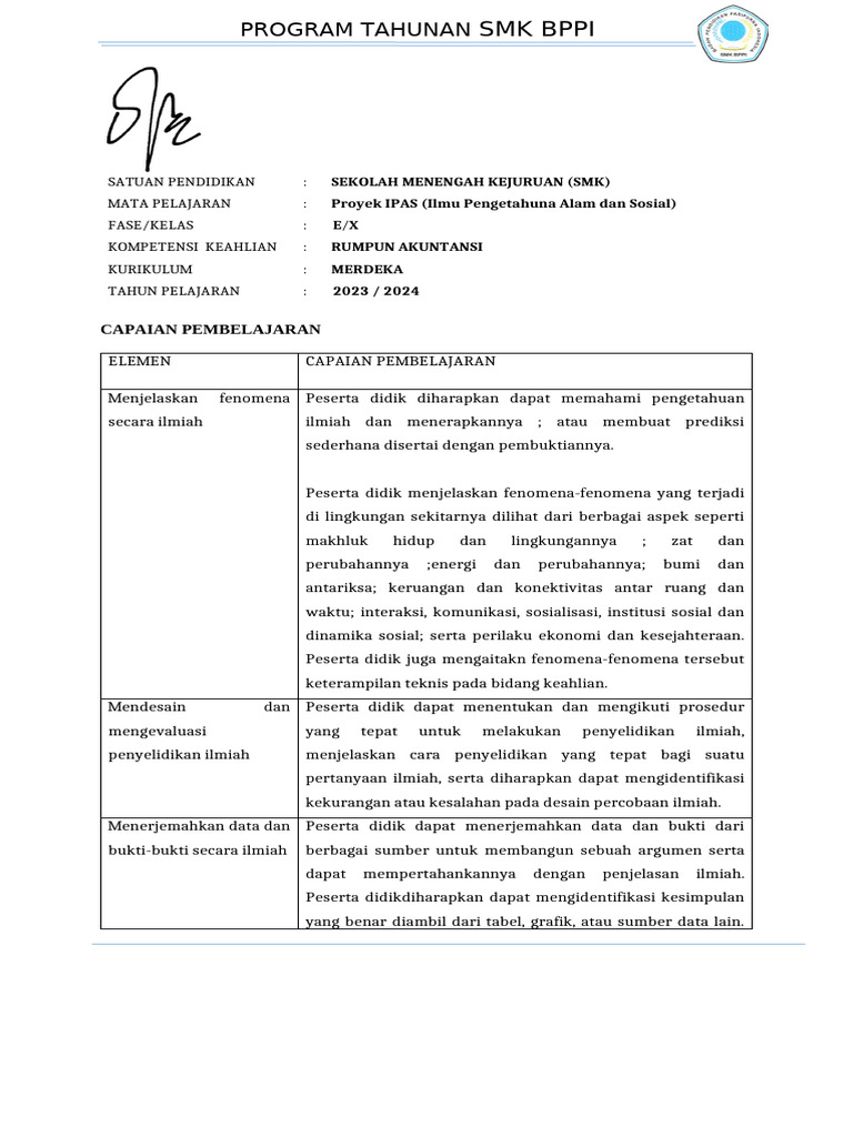 Program Tahunan Proyek IPAS 2023-2024 | PDF