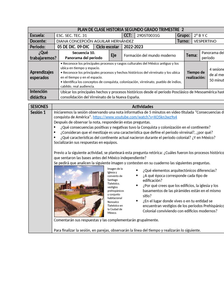 Plan de Clase Historia Segundo Grado Trimestre 2 | PDF