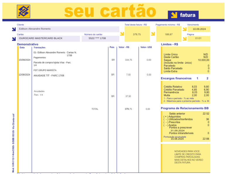 Fatura BB 1 | PDF | Cartão de crédito | Economia dos Estados Unidos
