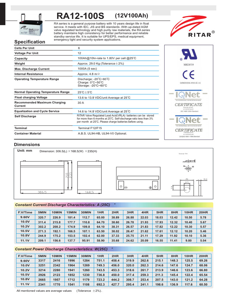 Datasheet Battery Ritar Ra12 100s 106ah 12v - en | PDF