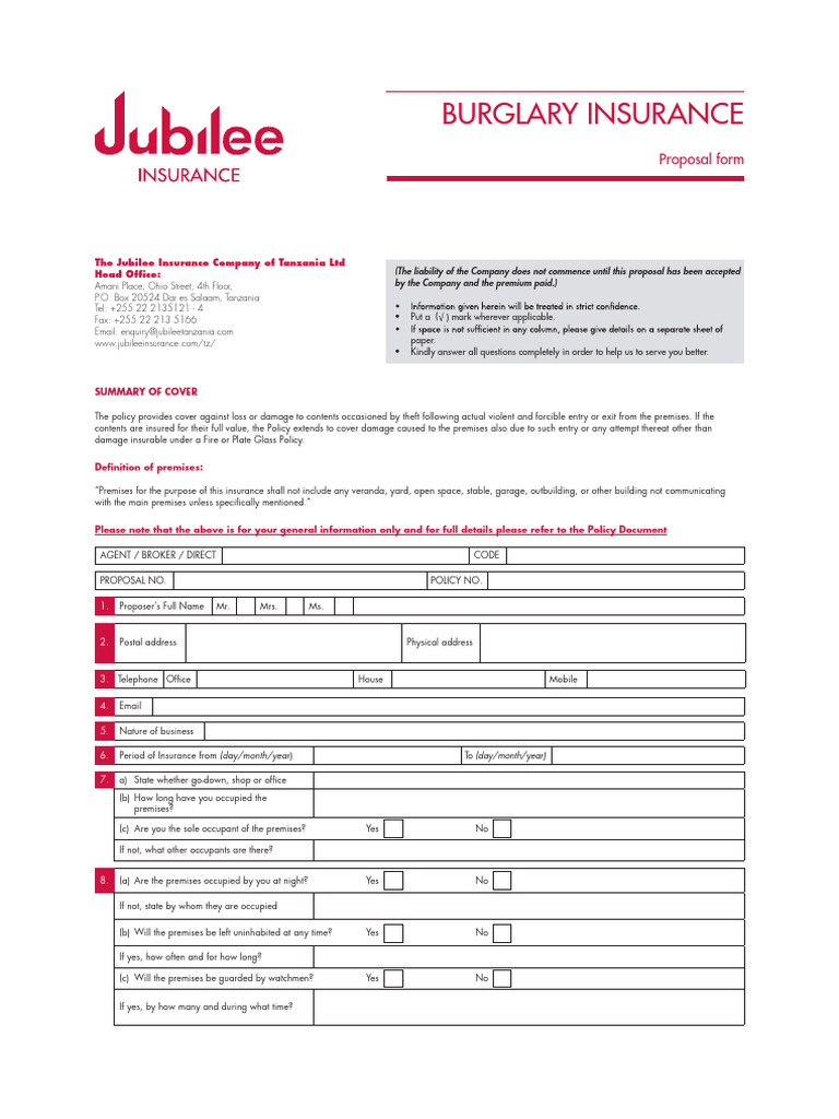 Tanzania Proposal Form - Burglary Insurance | PDF Tanzania Proposal Form - Burglary Insurance | PDF