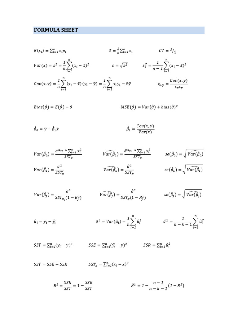 Econometrics FORMULA SHEET - Midterm | PDF