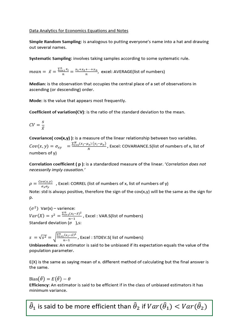 Data Analytics For Economics Equations and Notes | PDF