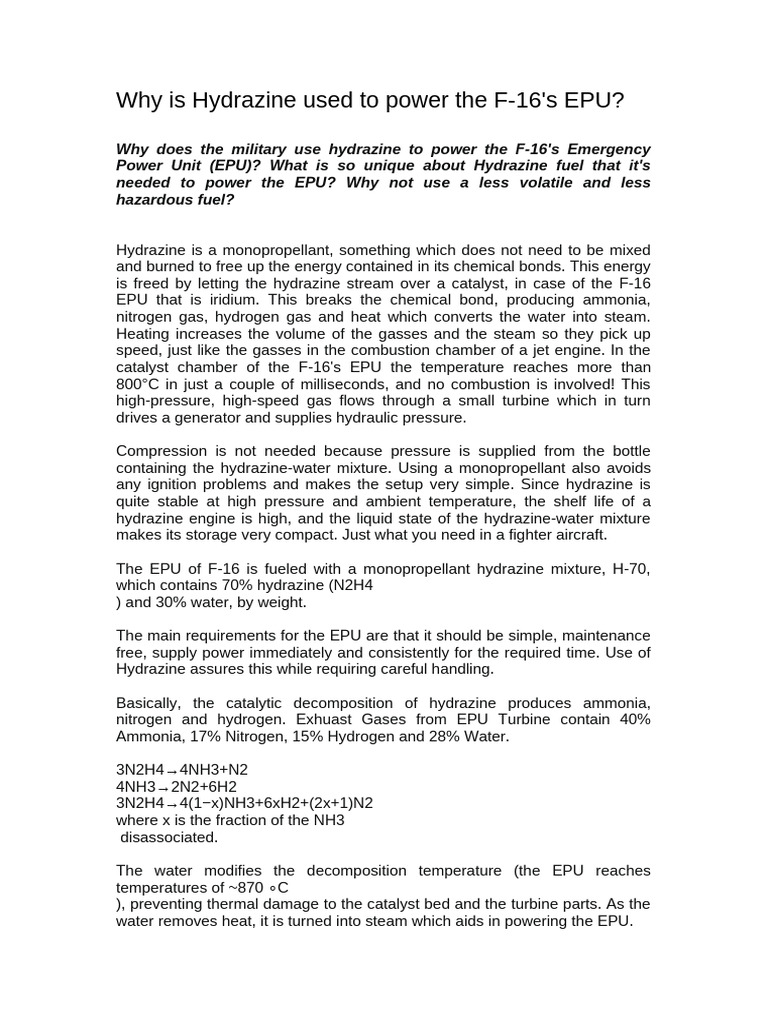 Hydrazine's Role in F-16 EPU Power | PDF | Energy Technology | Chemical ...