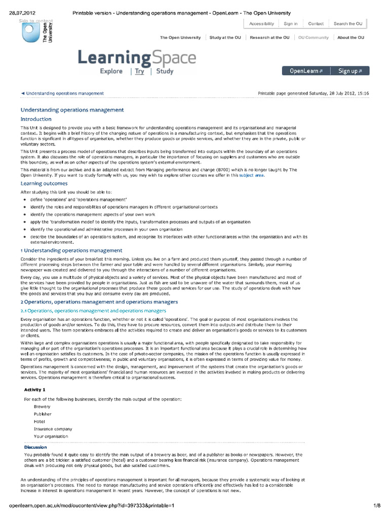 Wydruk - Printable Version Understanding Operations Management OpenLearn The Open University | PDF