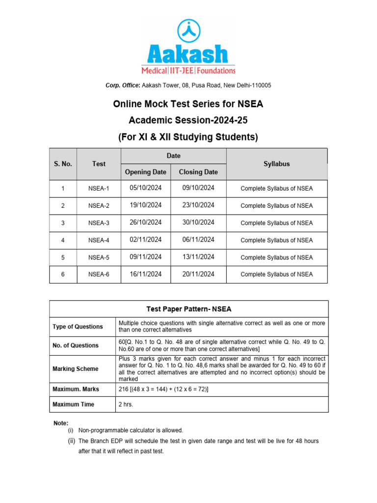 NSEA - 2024 Mock Test Planner | PDF