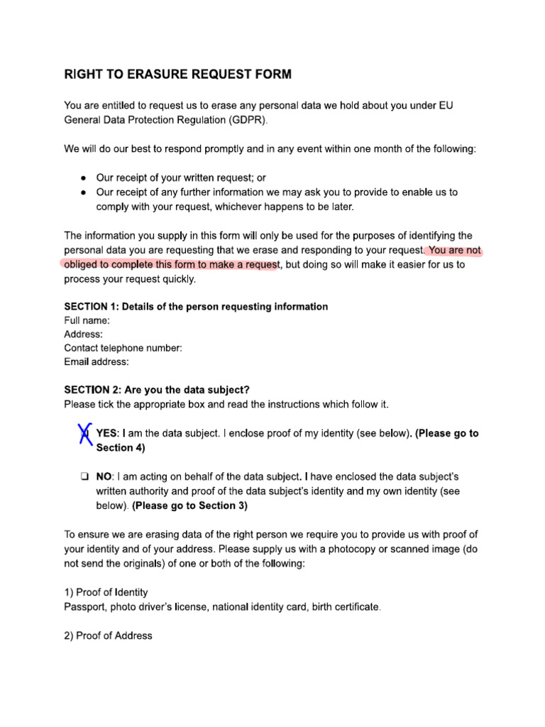 Right to Erasure Request Form | PDF