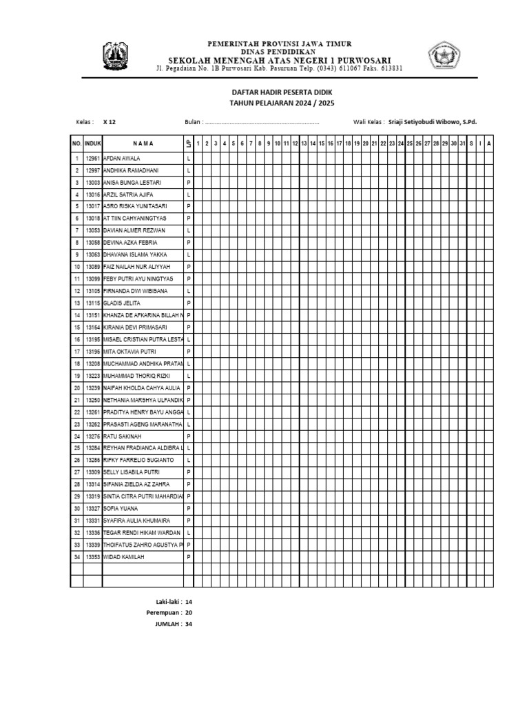 Absen Kelas X 12 TP 2024-2025 | PDF