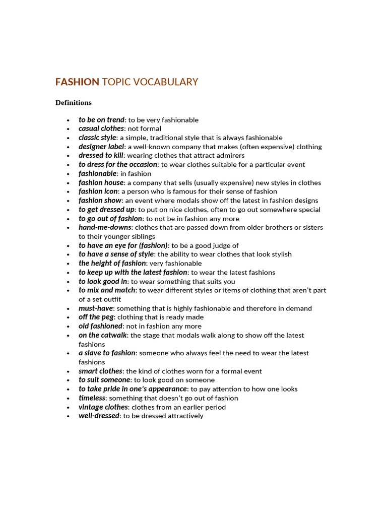 Fashion Topic Vocabulary | PDF | Fashion | Clothing
