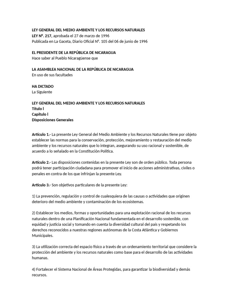 Ley General Del Medio Ambiente y Los Recursos Naturales Ley N°. 217 | PDF
